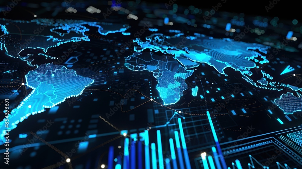 3D render of a dynamic global market with fluctuating charts and world ...