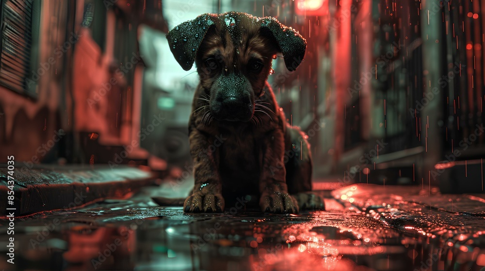 A virtual puppy shivering in a rain-soaked alley, with its ears ...