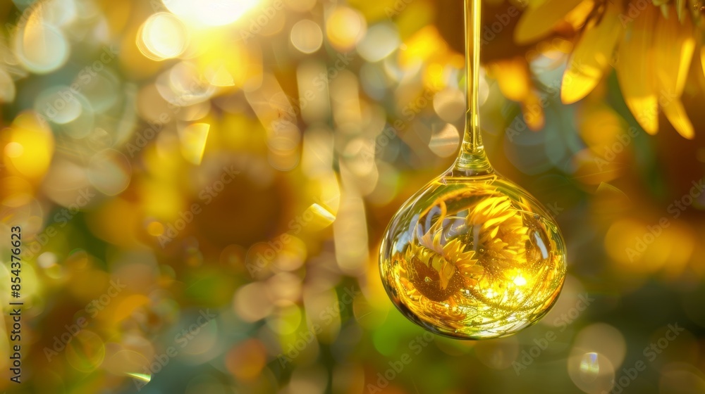 Cooking oil drop suspended mid-air, tiny sunflowers inside, clear ...