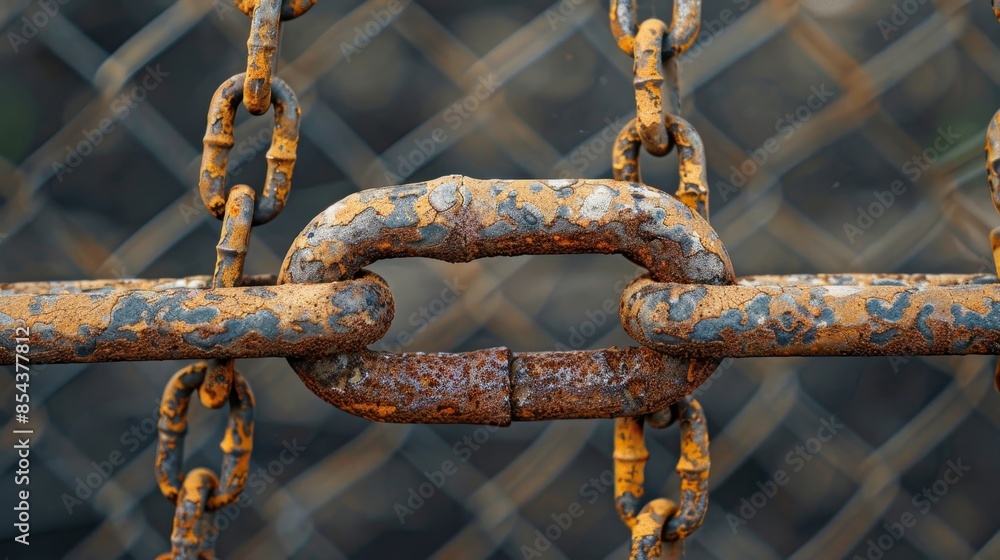 Tight mesh security gate with a rusted chain, close-up highlighting the ...