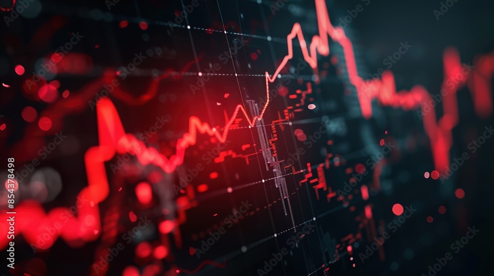 Stock market crash graph, red downward arrow, dark background, economic ...