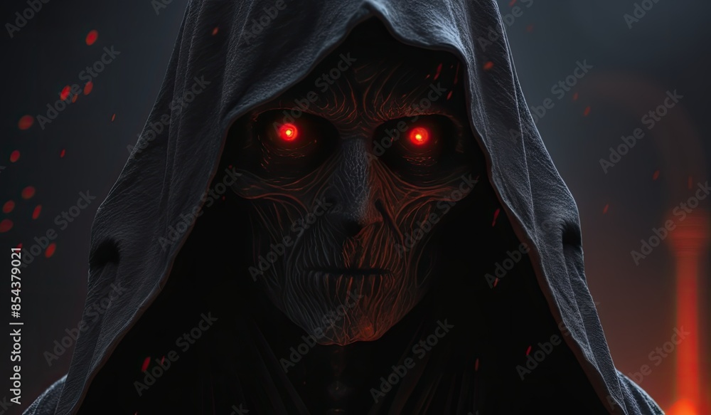 red devil person. a figure who takes life. wearing a black robe, sharp ...