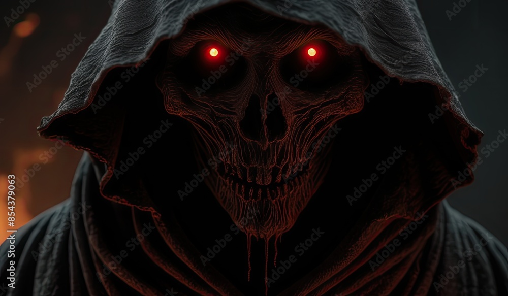 red devil person. a figure who takes life. wearing a black robe, sharp ...