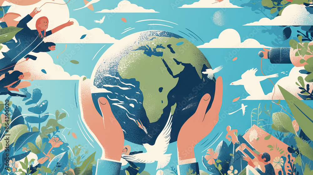 hands holding earth and flying dove on clouds blue background with copy ...