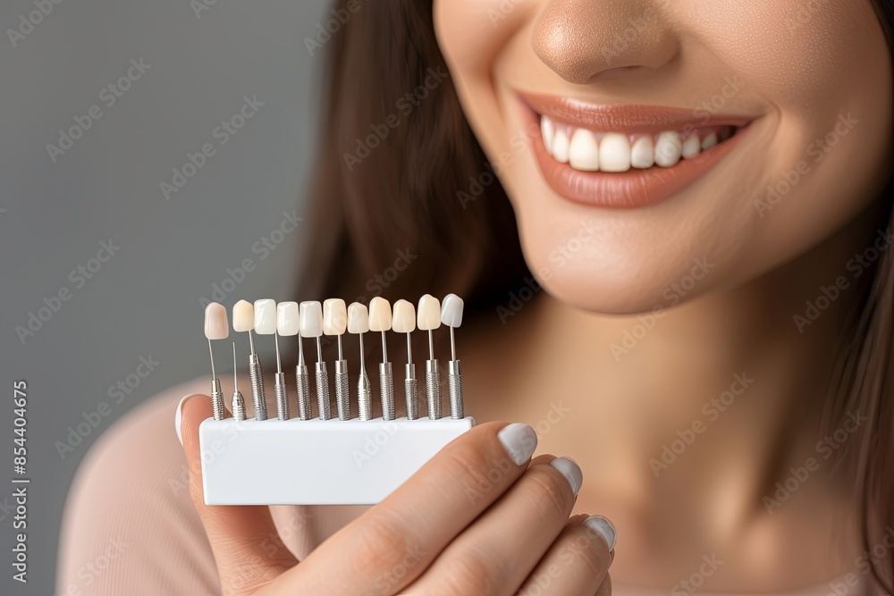 ภาพประกอบสต็อก Person holding tooth color chart to match teeth shade ...