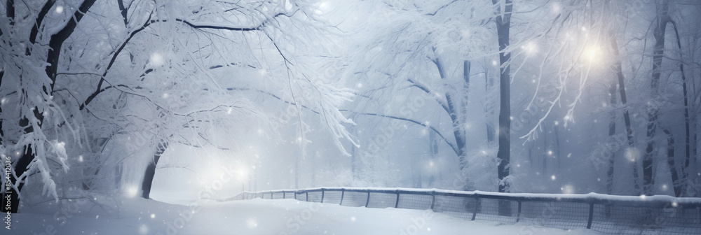 Ultrawide snowy scene of a narrow roadway during an intense blizzard ...