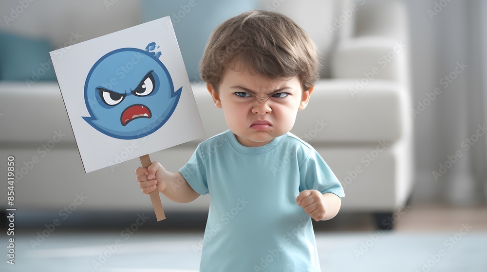 Toddler holding angry face sign, expressing frustration and ...