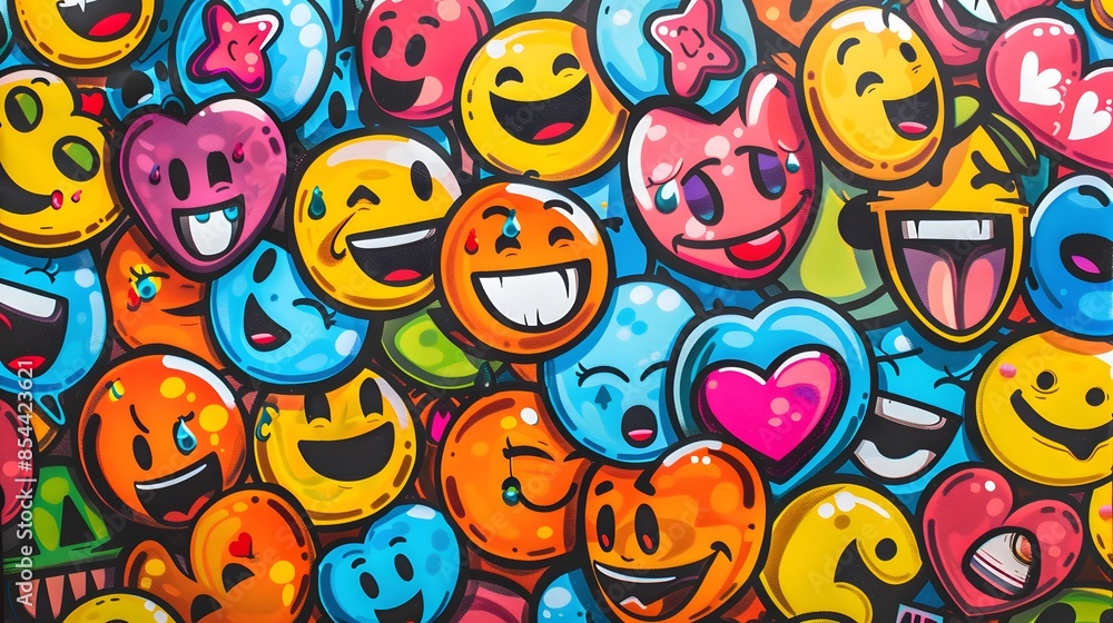 Colorful graffiti wall filled with diverse emojis expressing a range of ...