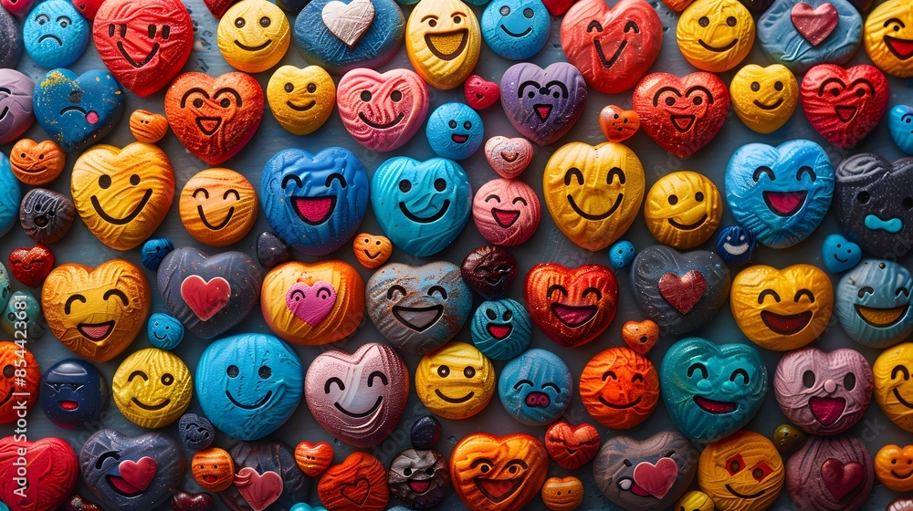 Colorful array of heart-shaped and round emojis with varied facial ...