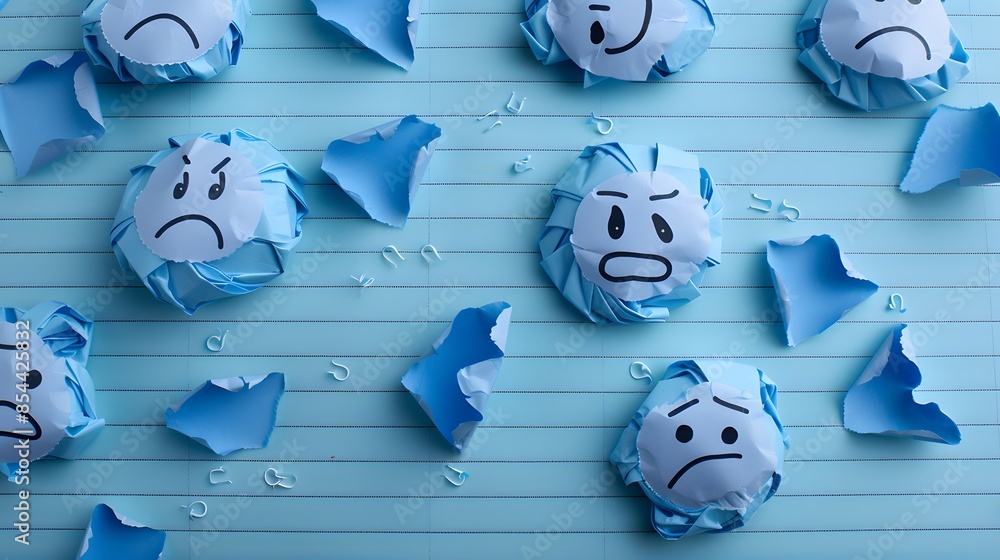 Crumpled paper balls with expressive faces on lined blue surface ...