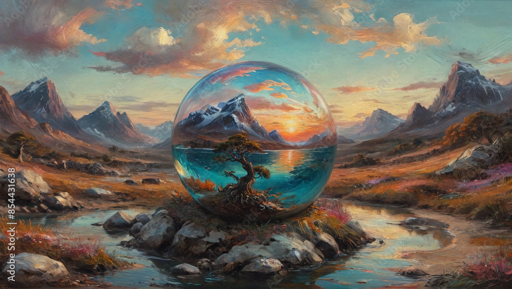 Enclosed within a glass orb, a surreal landscape with dreamlike ...