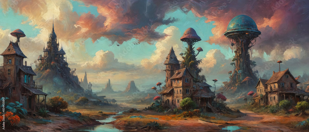 An alien village depicted in rich oil layers on canvas, featuring ...