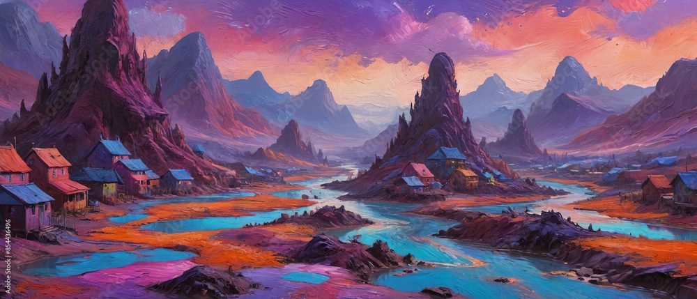 Thickly layered oil painting depicting a surreal alien village on an ...