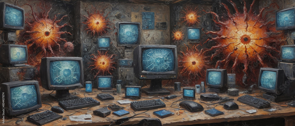 An oil painting on canvas showcasing the chaotic nature of computer ...
