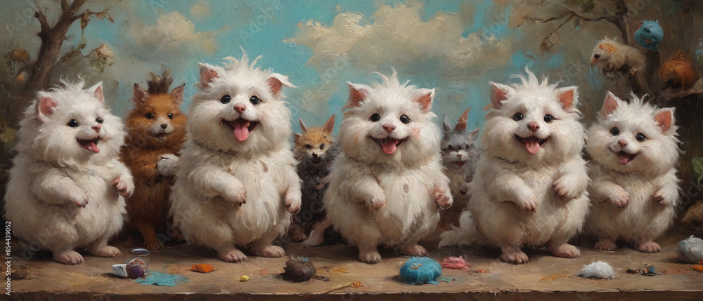 An oil painting on canvas showcasing a whimsical scene of fluffy ...