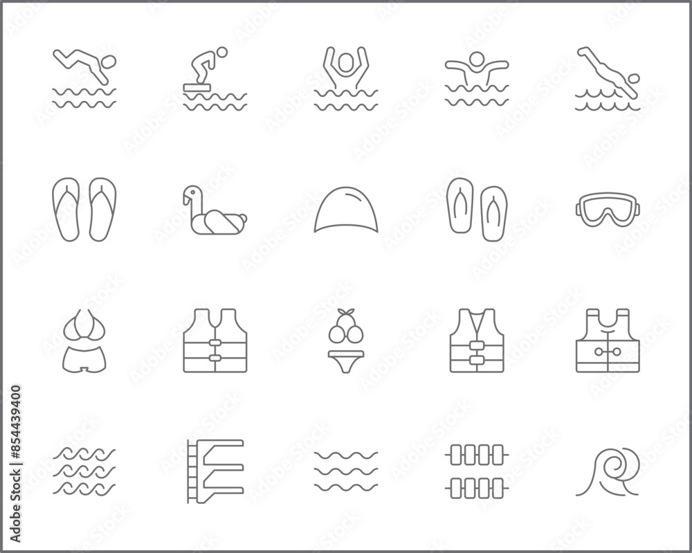 Set of swimming and pool Icons line style. Contains such Icons as ...