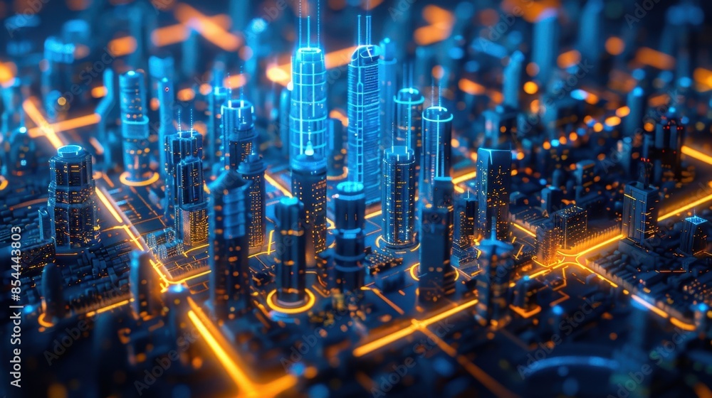 A futuristic holographic city map in serene blue tones, revealing ...