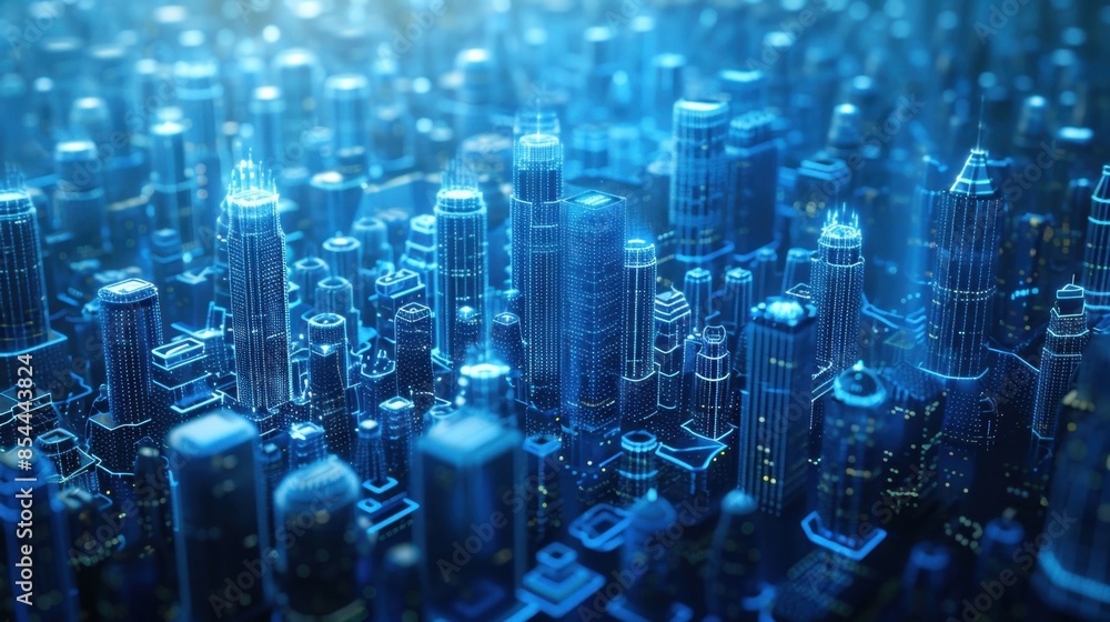 A holographic city map bathed in cool blue tones, embodying futuristic ...