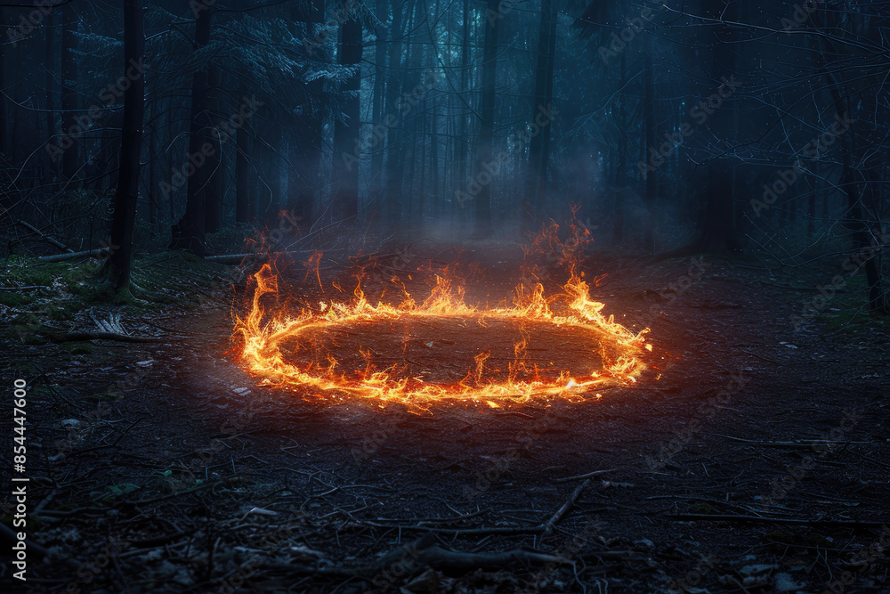 Fire ring encircling a dark forest clearing, magical theme, side view ...