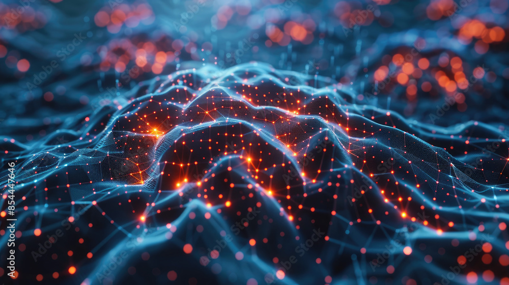 Neural networks visualized as glowing synapses in a brain, scientific theme, top view ...