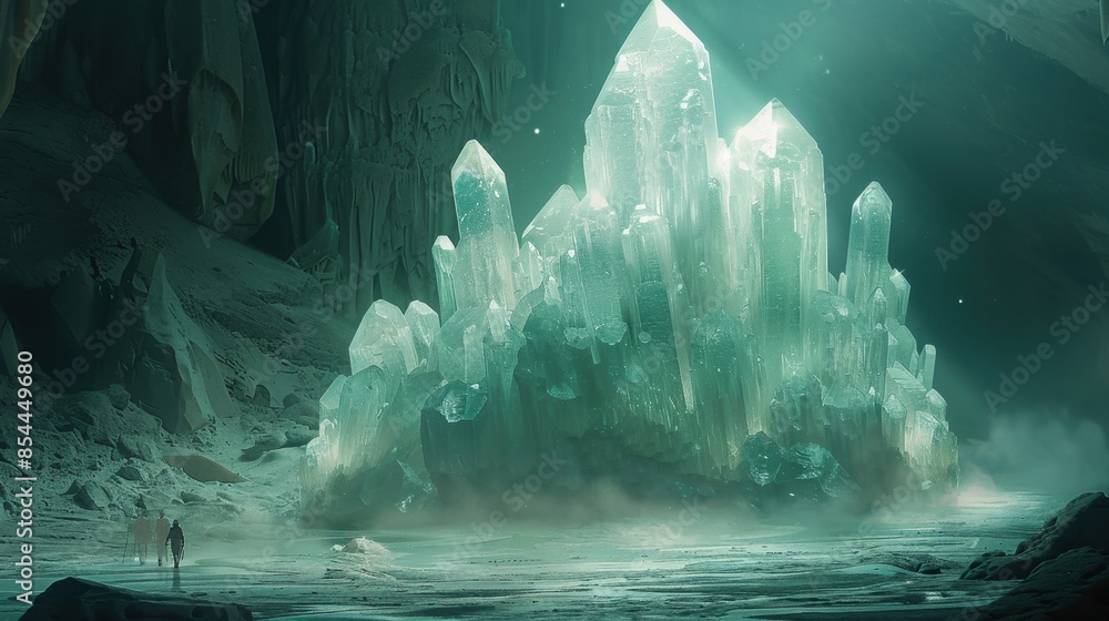Deep within an ancient cave system, colossal crystals pulse with a soft ...