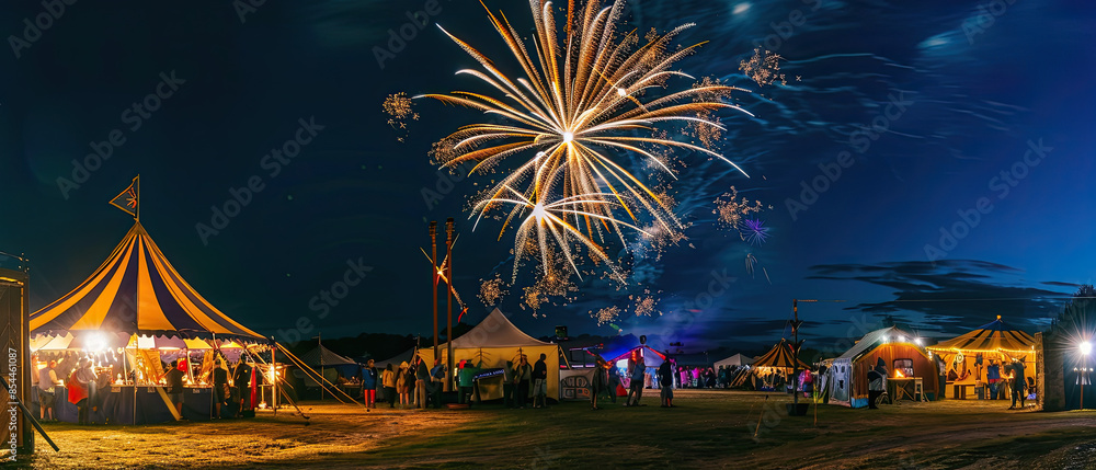 Gold and blue fireworks over festival, illuminating tents and costumes ...