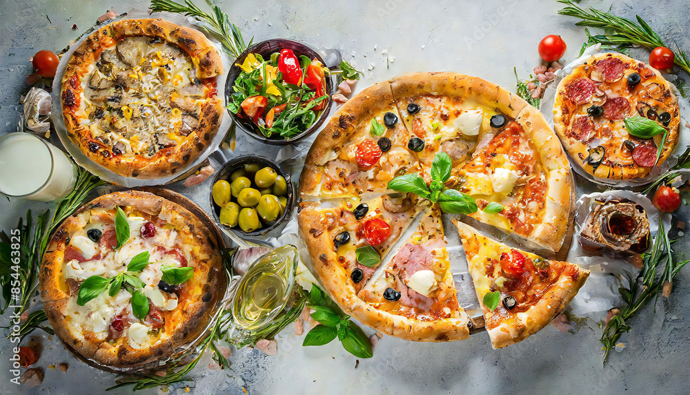 Different kinds of freshly baked pizza. Top view of pizza. Layout of ...