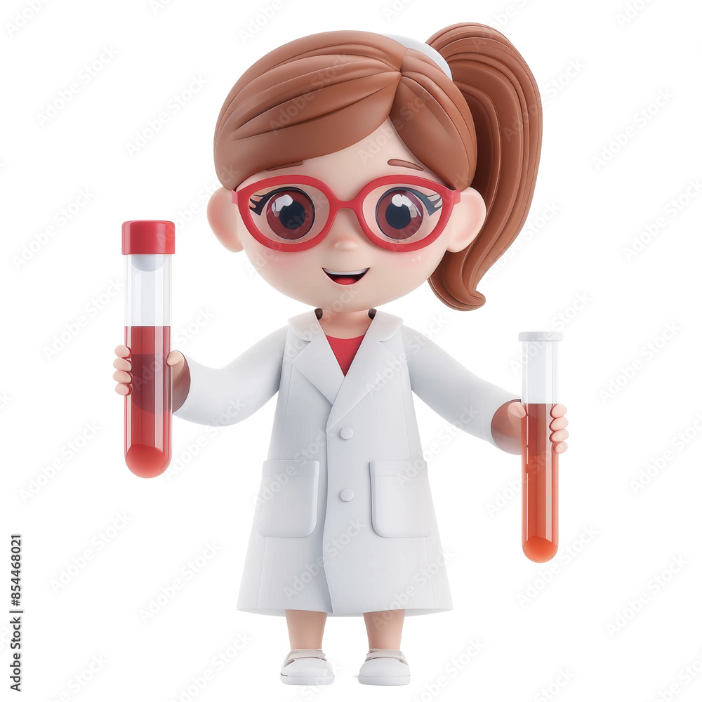 Cartoon scientist character in white lab coat holding test tubes with ...