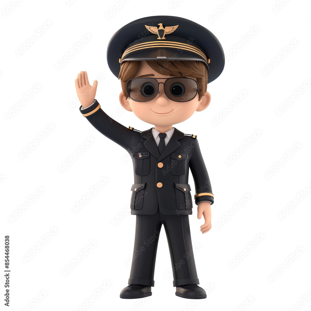 Cartoon pilot character in black uniform with sunglasses waving on ...