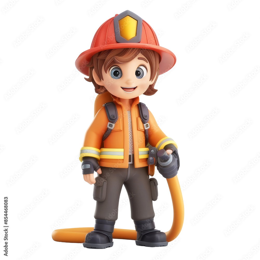 Cartoon firefighter character holding fire hose on transparent ...