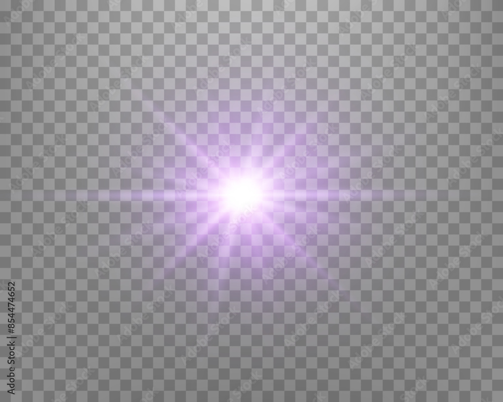 Purple sunlight lens flare, sun flash with rays and spotlight. Glowing ...