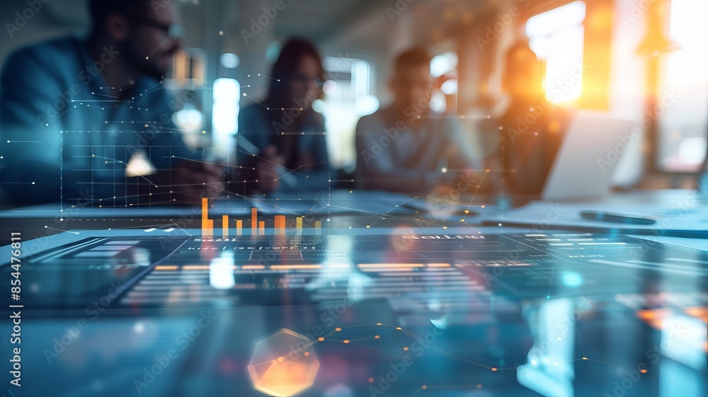 Business team collaboration with futuristic digital analytics interface ...