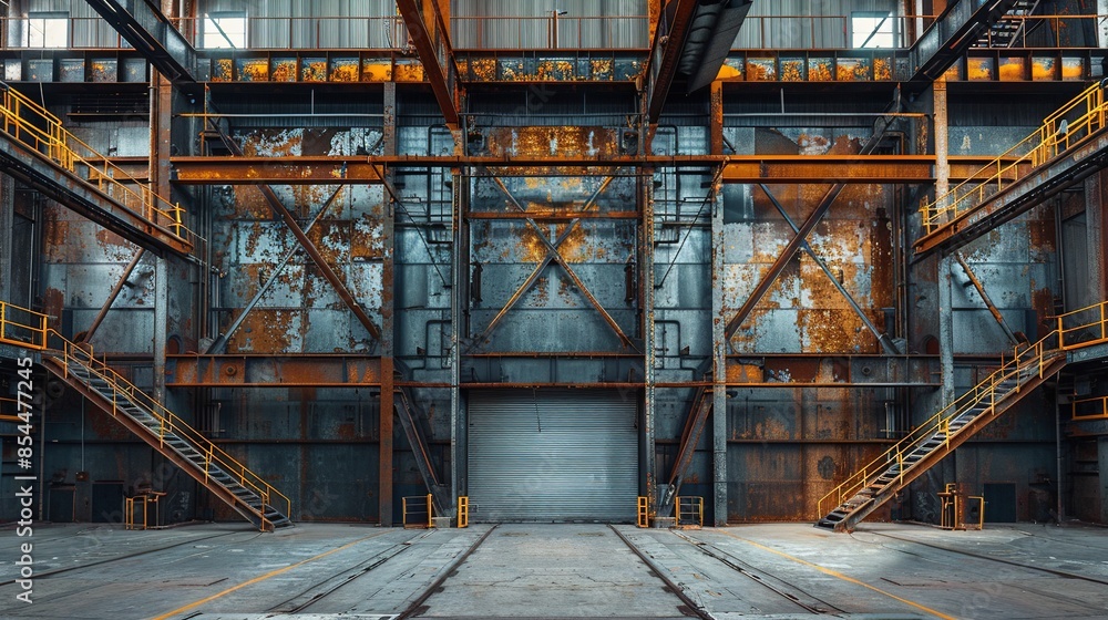 Weathered warehouse space with central shutter door and flanking ...