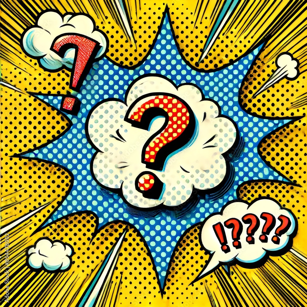 This bold pop art illustration features multiple question marks ...