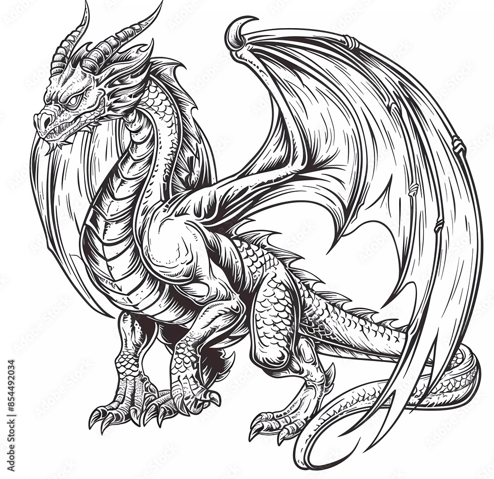 Beautiful lineart illustration of a full body dragon against a white ...