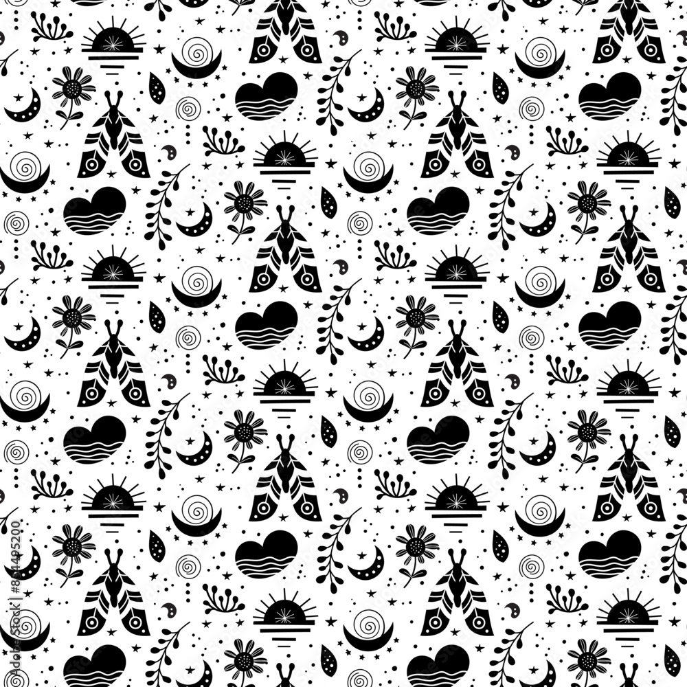 Seamless neo folk art vector pattern with butterfly, moth and flowers ...