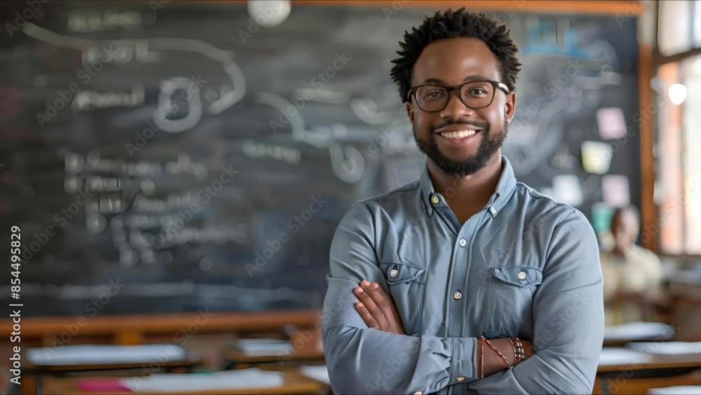 Happy teacher poses confidently with blackboard background in classroom ...