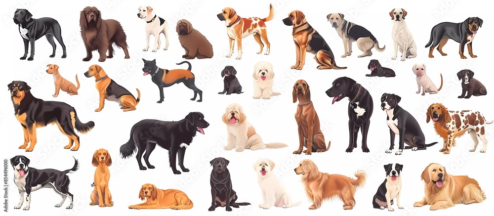 Vector illustration of different dogs in a row on a white background ...