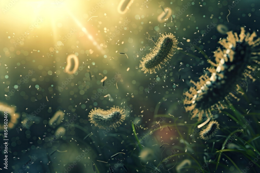 3D rendering of bacteria and microbes in a green environment ...