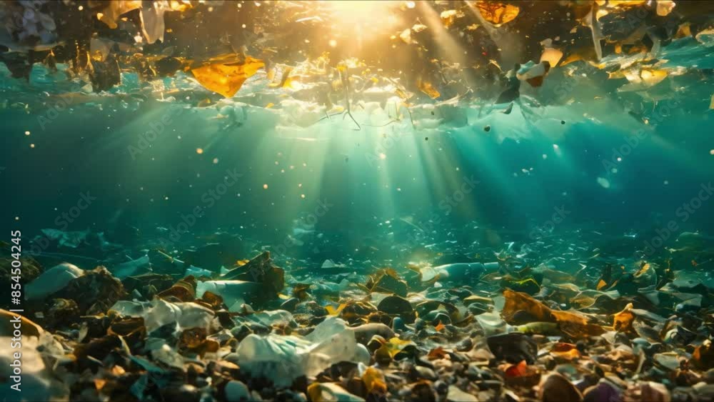Garbage floating in illuminated ocean water due to plastic pollution ...