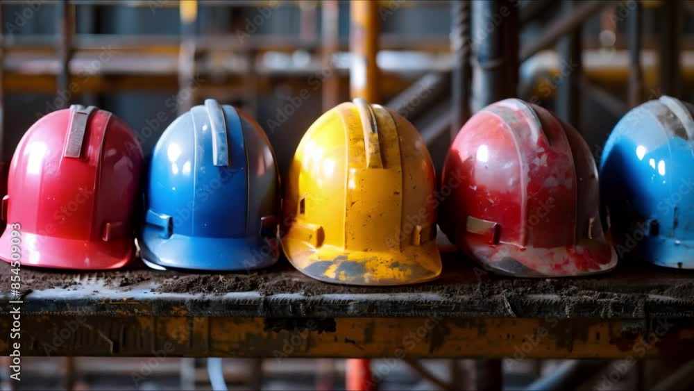 Safety helmets in assorted colors on a construction site symbolize ...