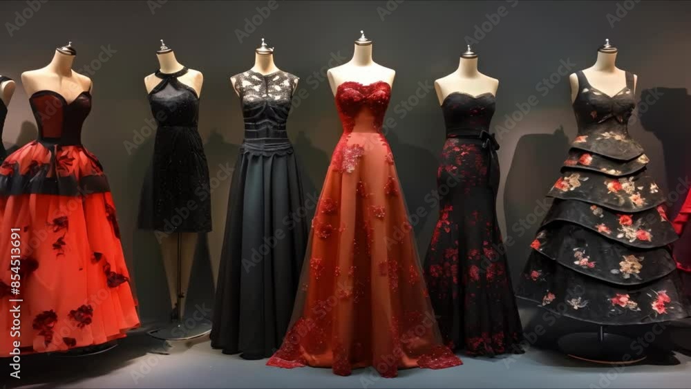 Dazzling fashion mannequins flaunting a range of dresses from black to ...