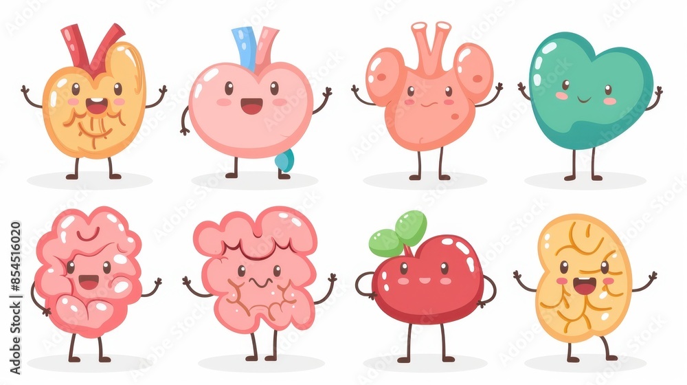 Eight different organs with adorable cartoon faces and limbs in various ...