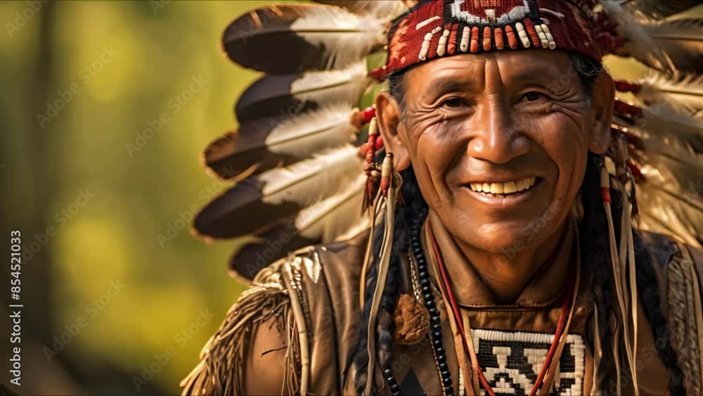 Blackfoot chief in traditional attire with feathers representing Native ...