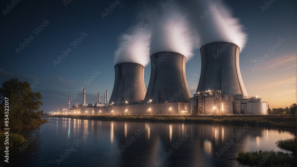 Rendering of a nuclear power plant with floating turbines and air ...