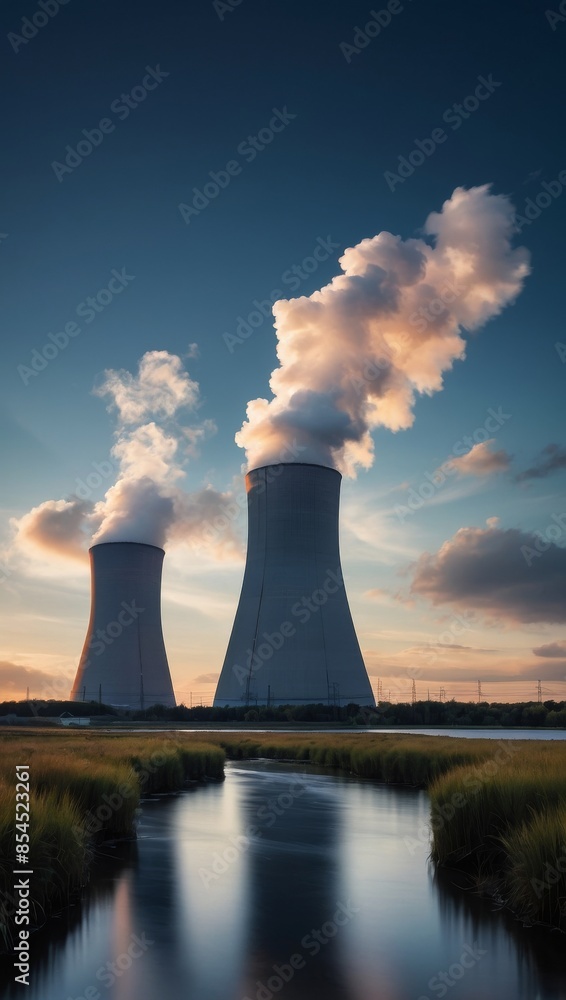 Rendering of a nuclear power plant with floating turbines and air ...