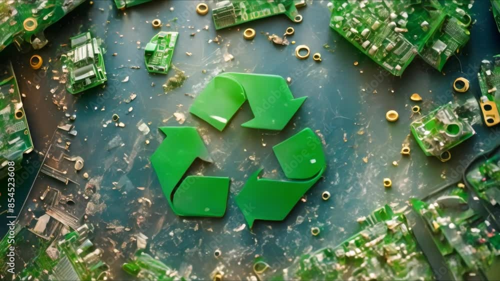Electronic waste with green recycle symbol emphasizes importance of ...