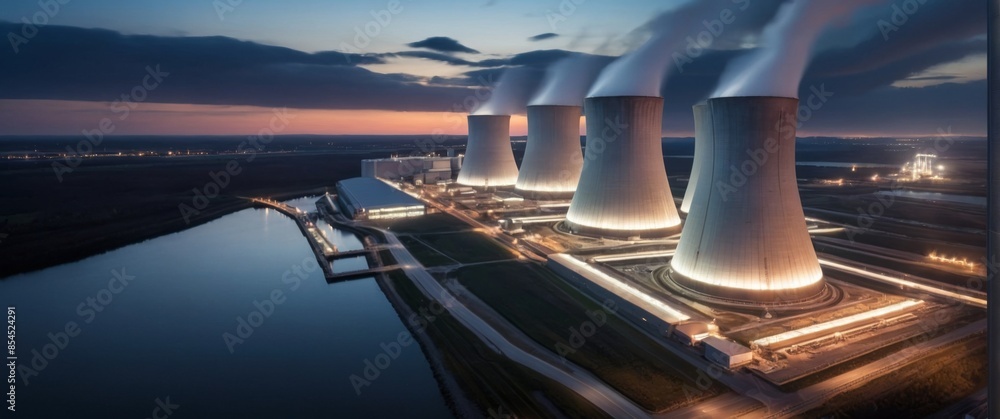 Rendering of a nuclear power plant with floating turbines and air ...