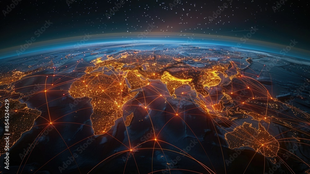 Aerial view of an illuminated global logistics network map showcasing ...