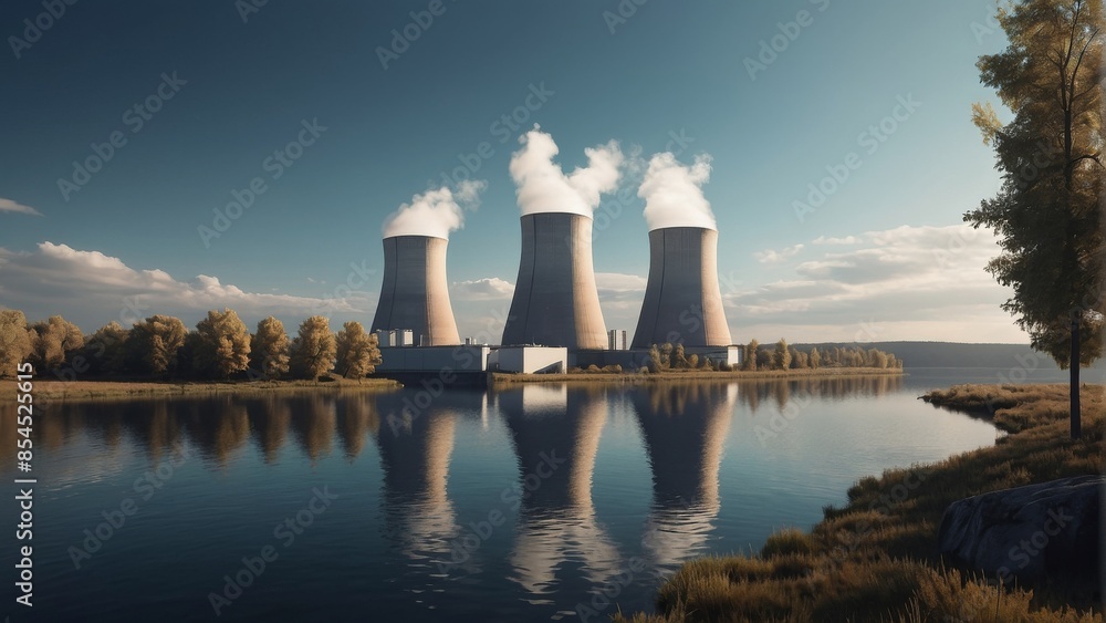 Rendering of a nuclear power plant with floating turbines and air coolers Stock Illustration ...